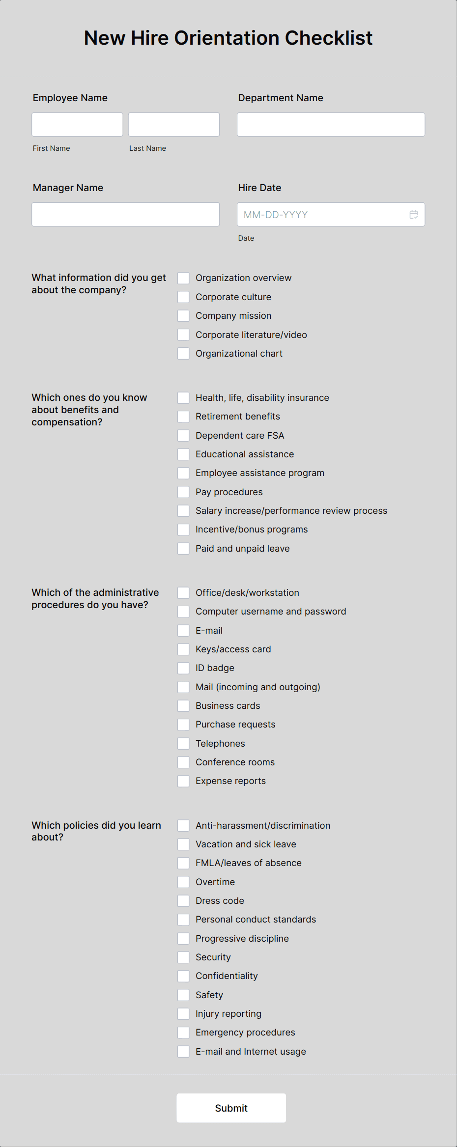 New Hire Orientation Checklist Form Template | Jotform