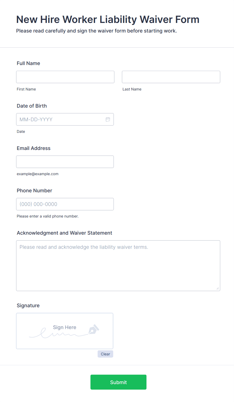 New Hire Worker Liability Waiver Form Template | Jotform
