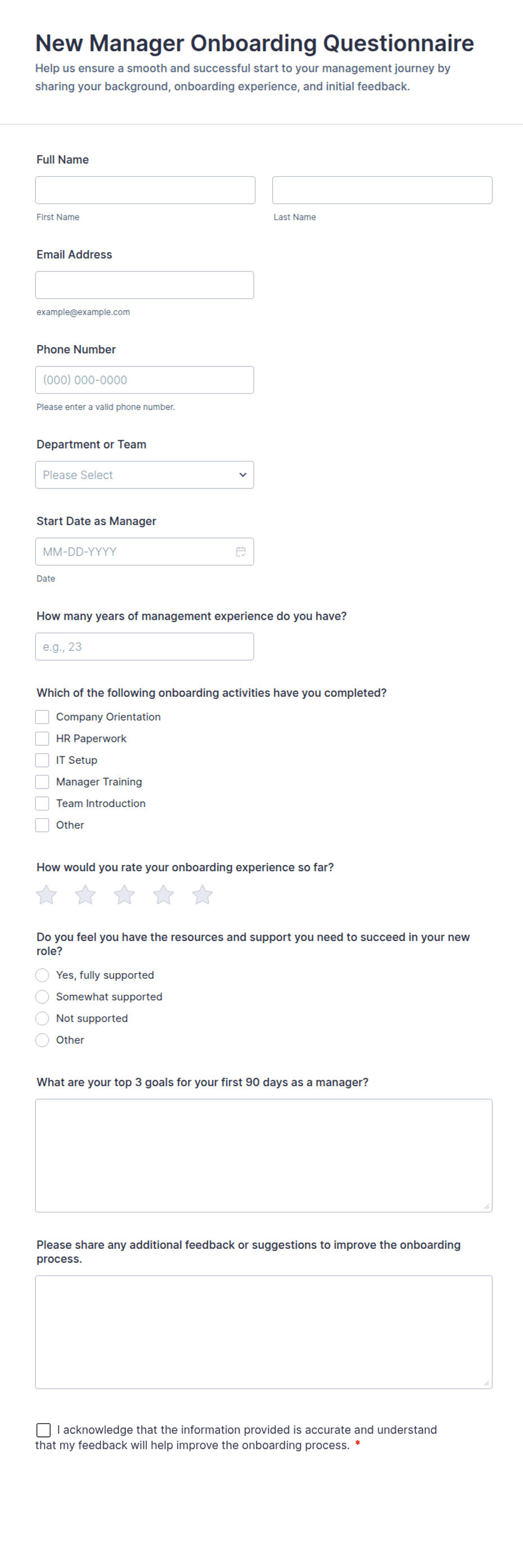 New Manager Onboarding Questionnaire Form Template | Jotform
