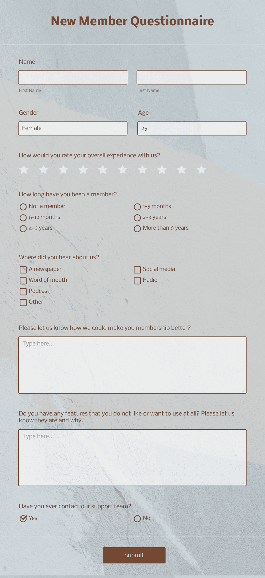 New Member Questionnaire Form Template | Jotform