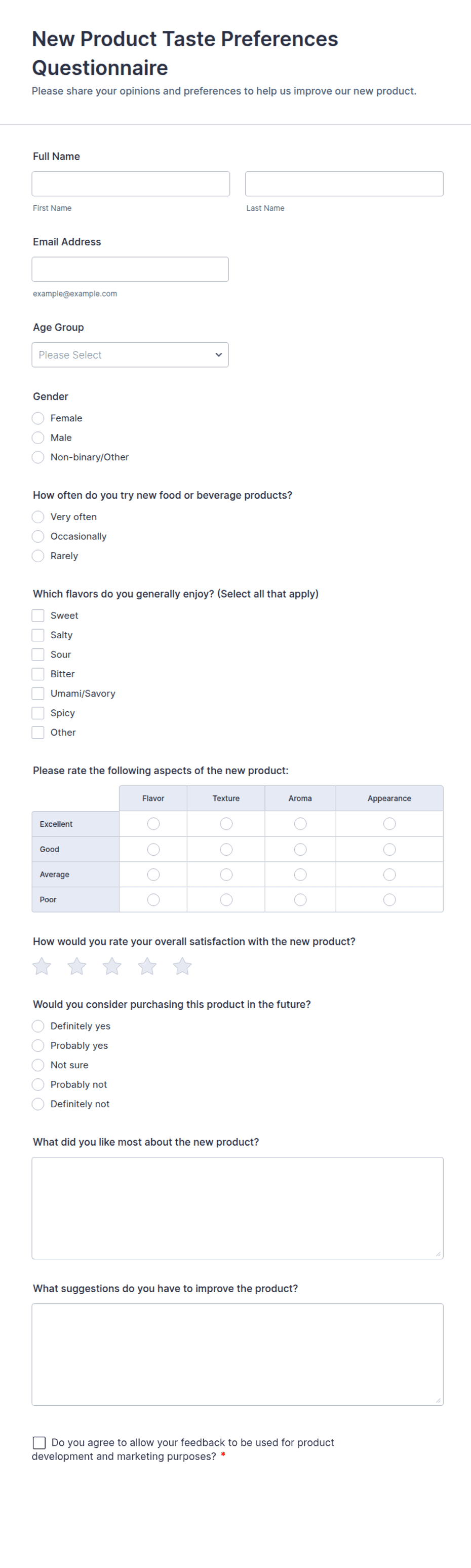 New Product Taste Preferences Questionnaire Form Template | Jotform