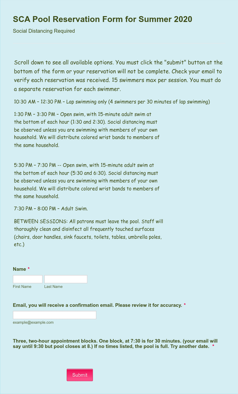 NEW SCA Pool Reservation Form for Summer 2020 Form Template | Jotform