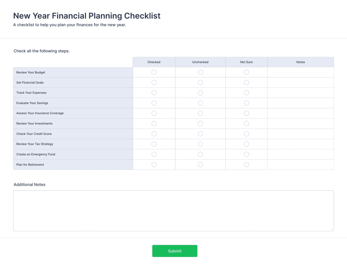 New Year Financial Planning Checklist Form Template | Jotform