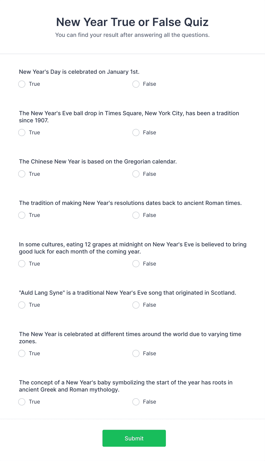 New Year True or False Quiz Form Template | Jotform