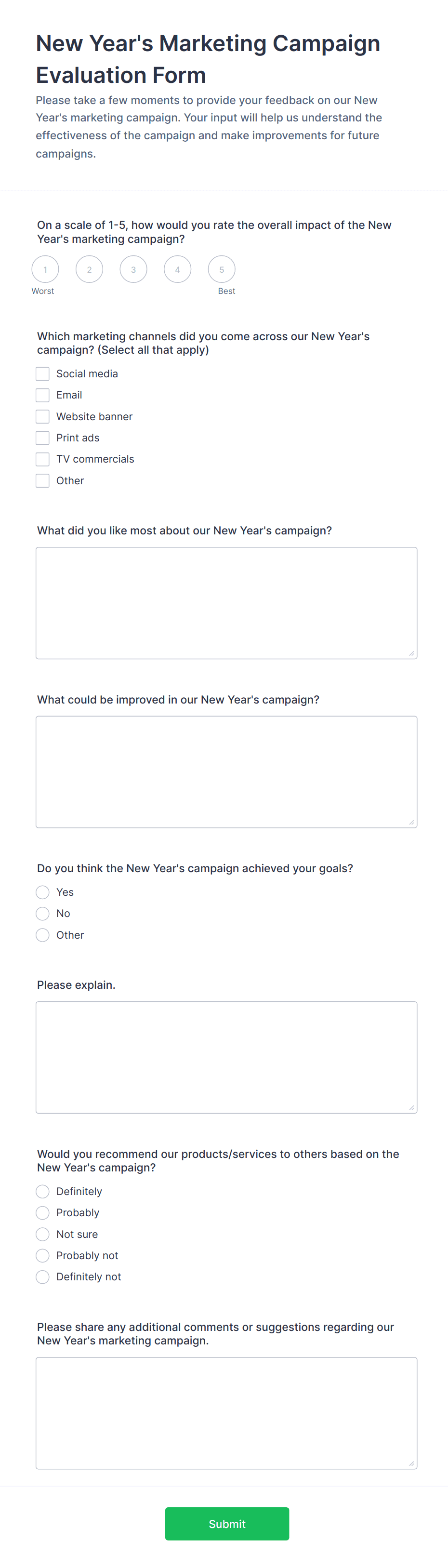 New Year's Marketing Campaign Evaluation Form Template | Jotform
