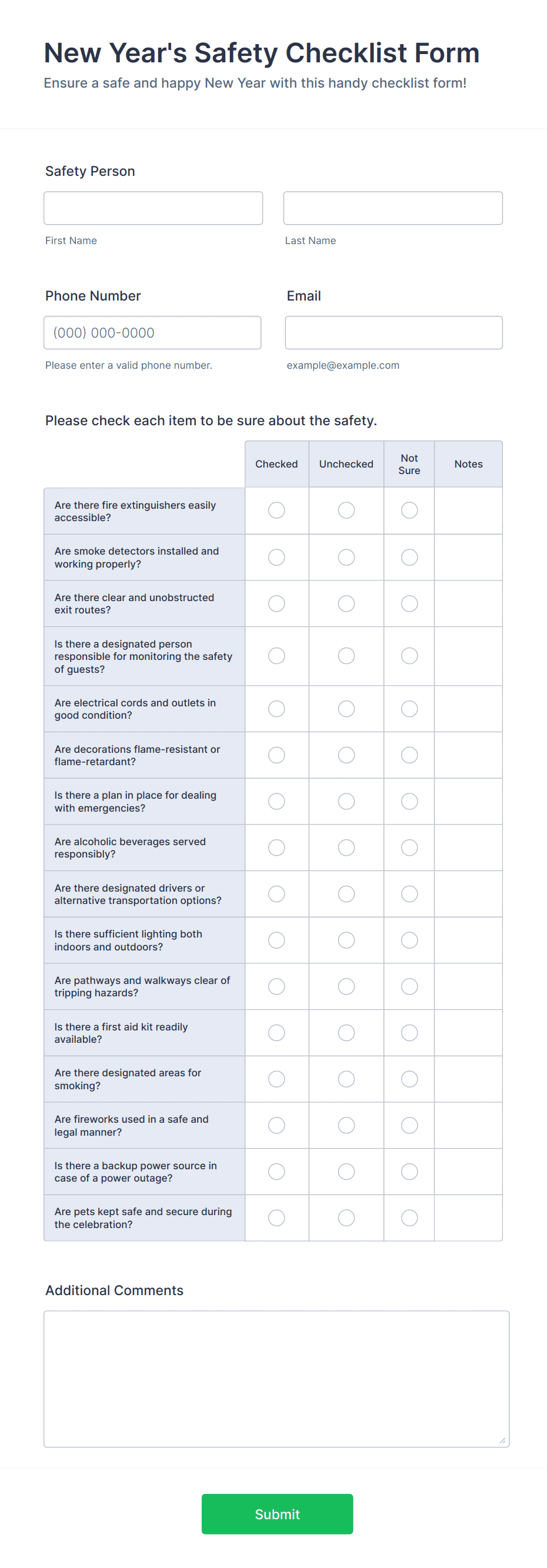 New Year's Safety Checklist Form Template | Jotform