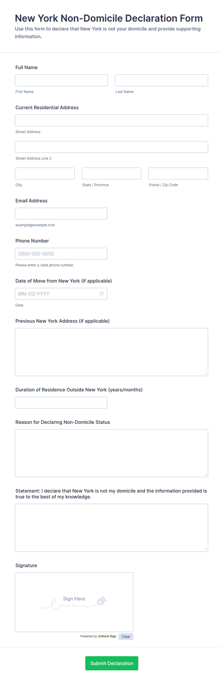 New York Non-Domicile Declaration Form Template | Jotform