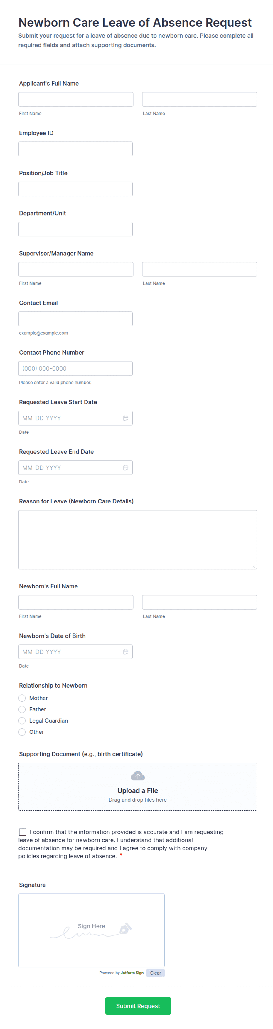Newborn Care Leave of Absence Request Form Template | Jotform