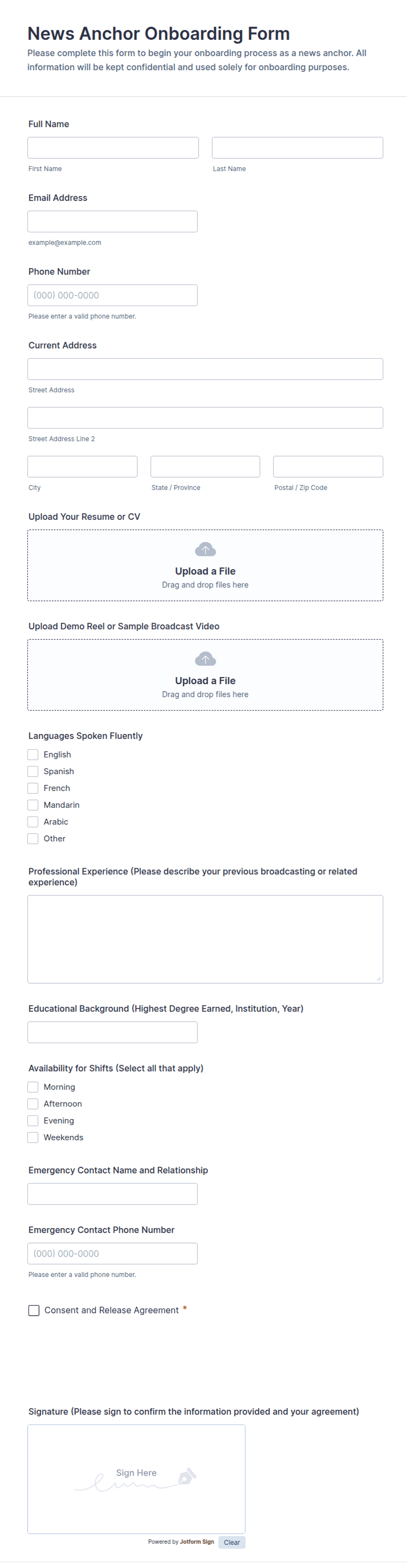 News Anchor Onboarding Form Template | Jotform