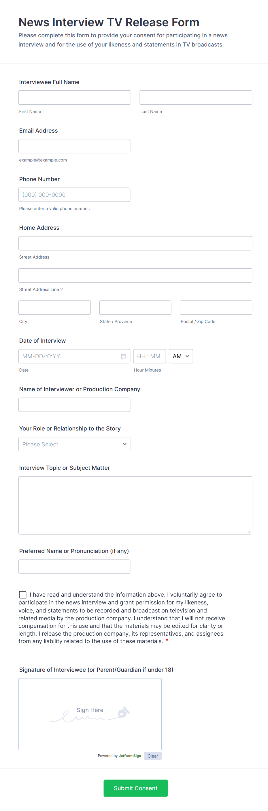 News Interview TV Release Form Form Template | Jotform