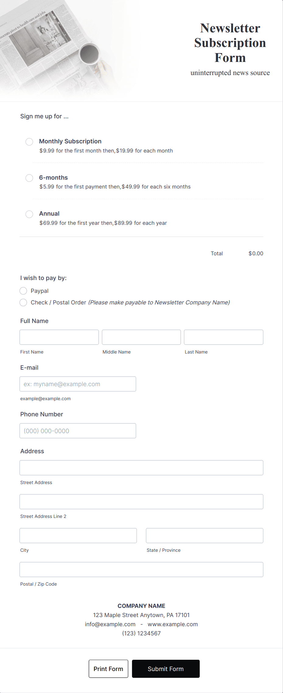 Newsletter Subscription Form Template | Jotform