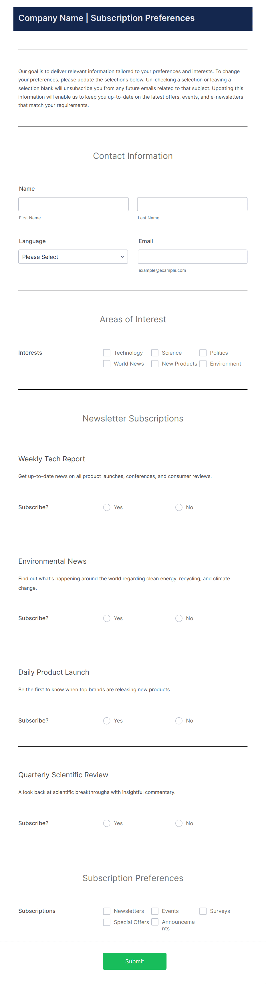 Newsletter Subscription Management Form Template | Jotform