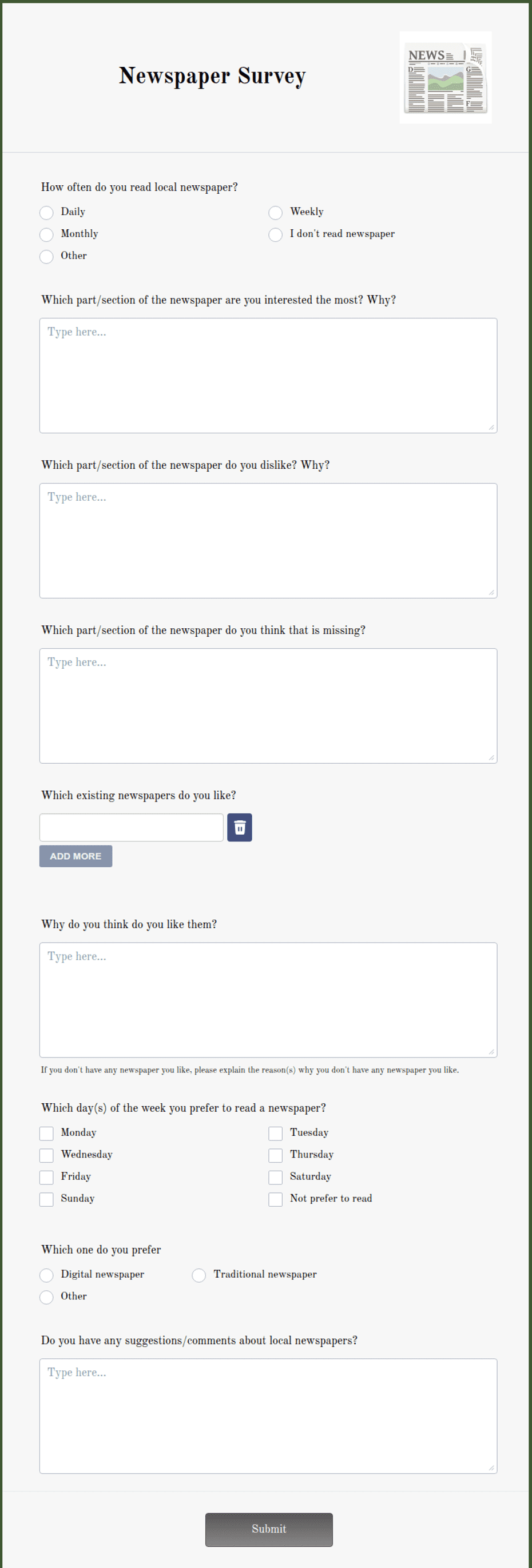 Newspaper Survey Form Template | Jotform