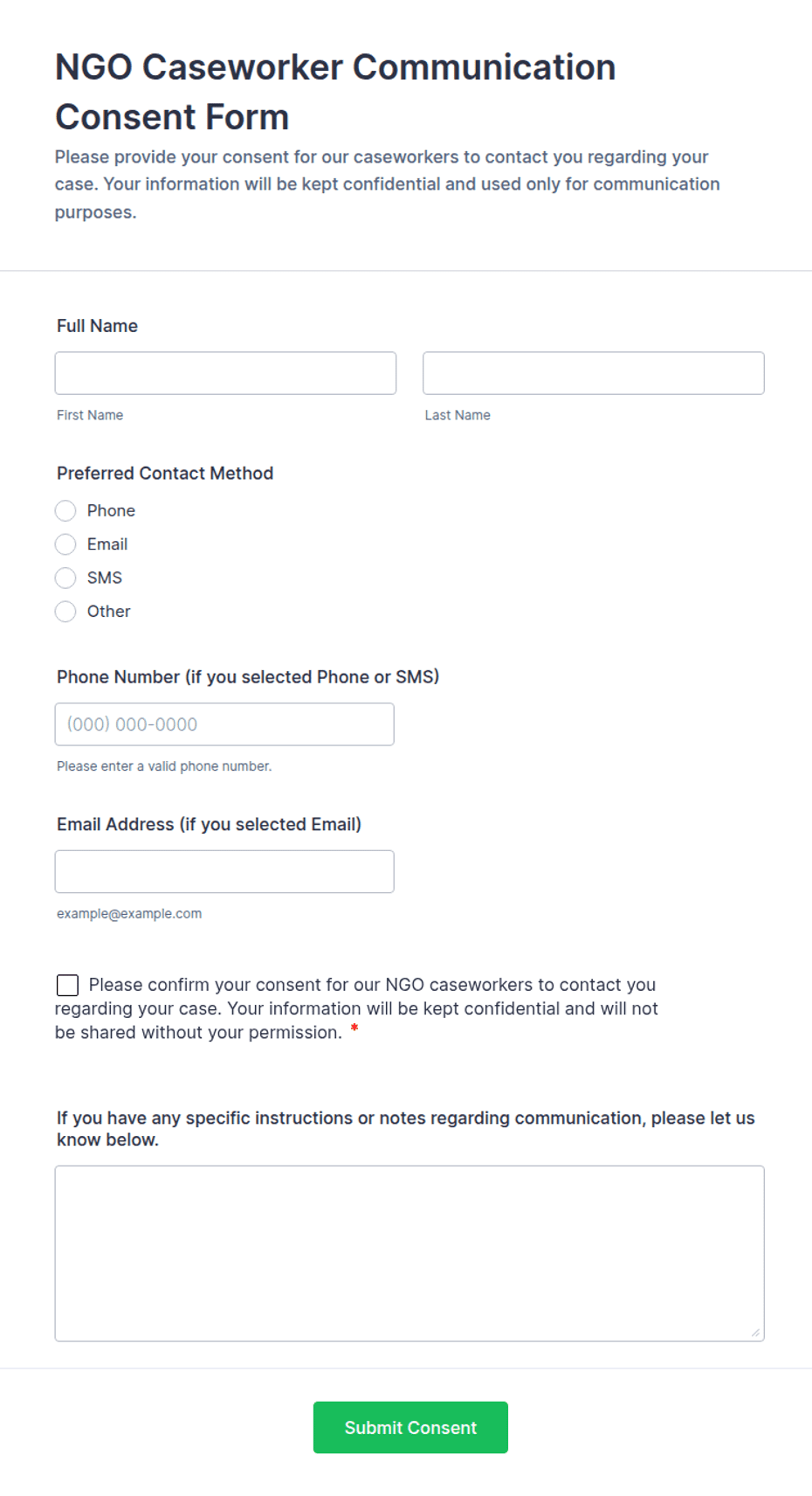 NGO Caseworker Communication Consent Form Template | Jotform