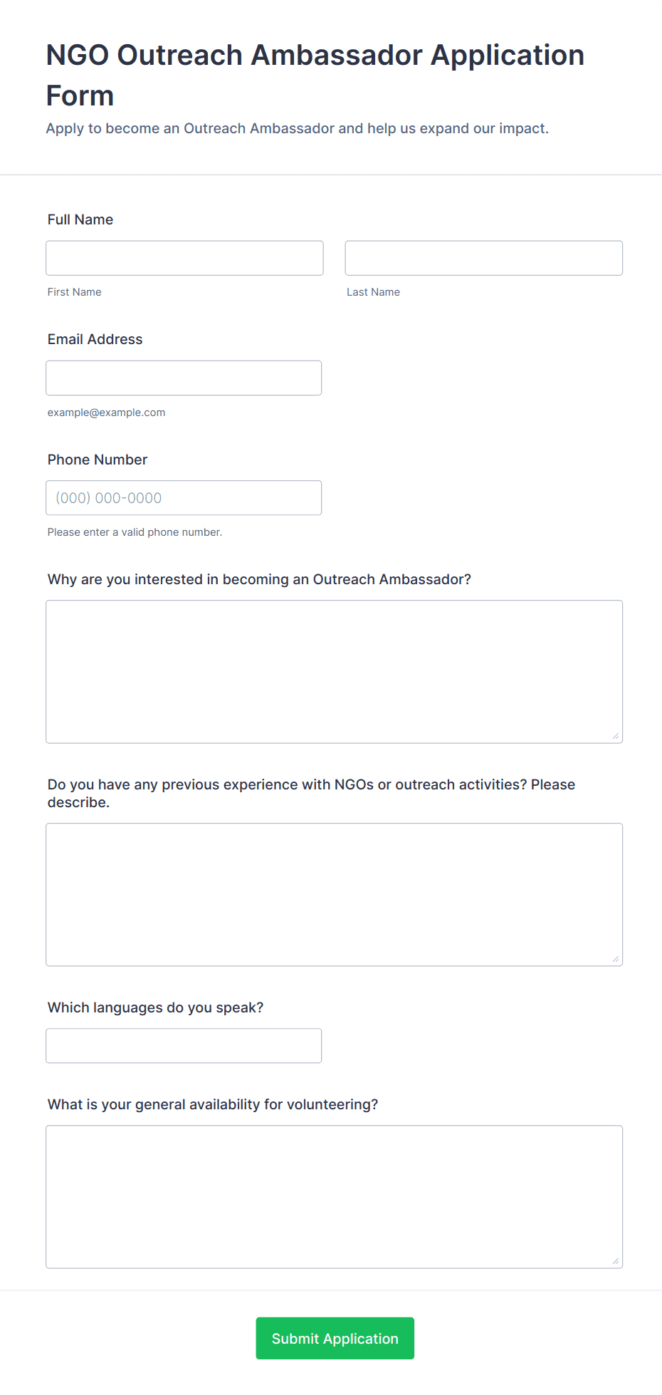 NGO Outreach Ambassador Application Form Template | Jotform