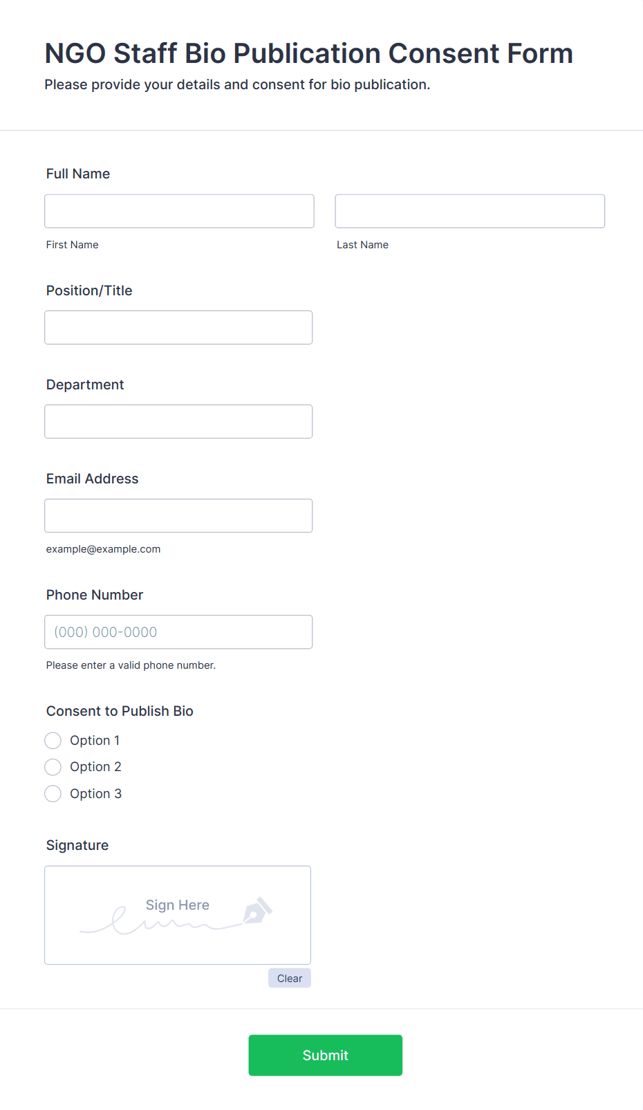 NGO Staff Bio Publication Consent Form Template | Jotform