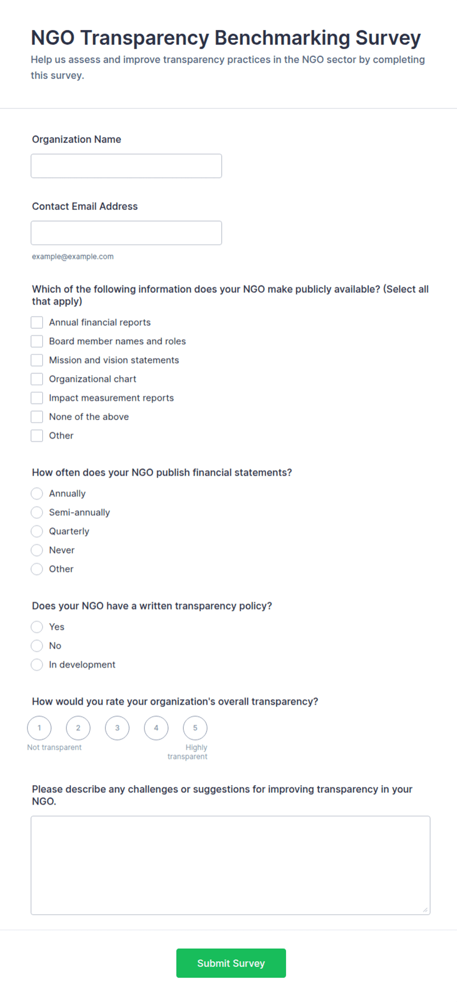 NGO Transparency Benchmarking Survey Form Template | Jotform