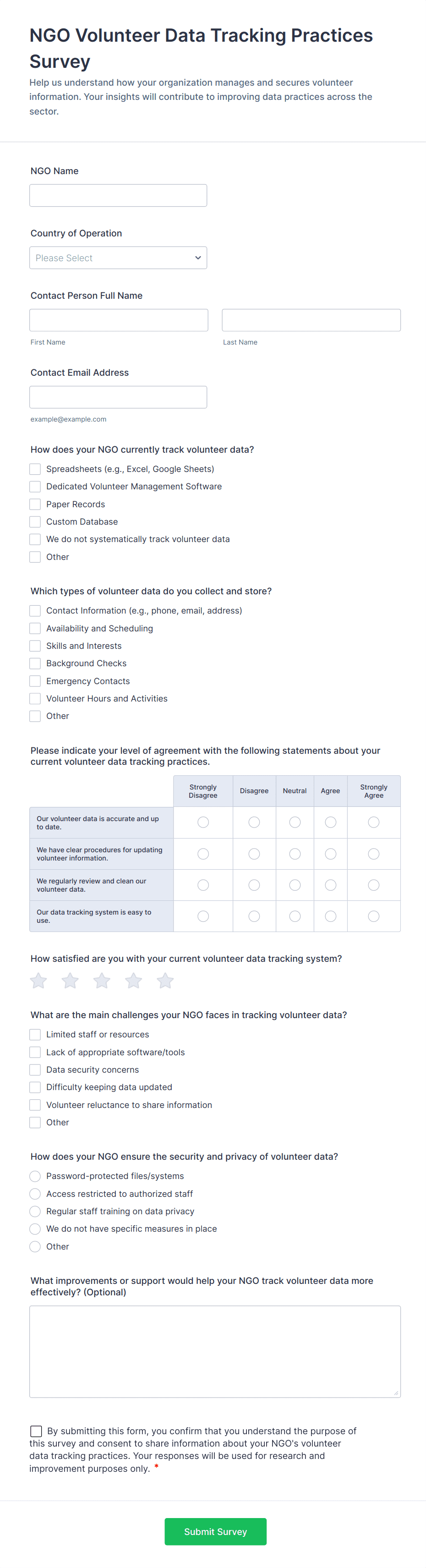 NGO Volunteer Data Tracking Practices Survey Form Template | Jotform