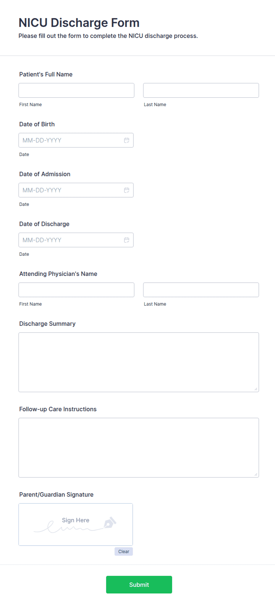 NICU Discharge Form Template | Jotform