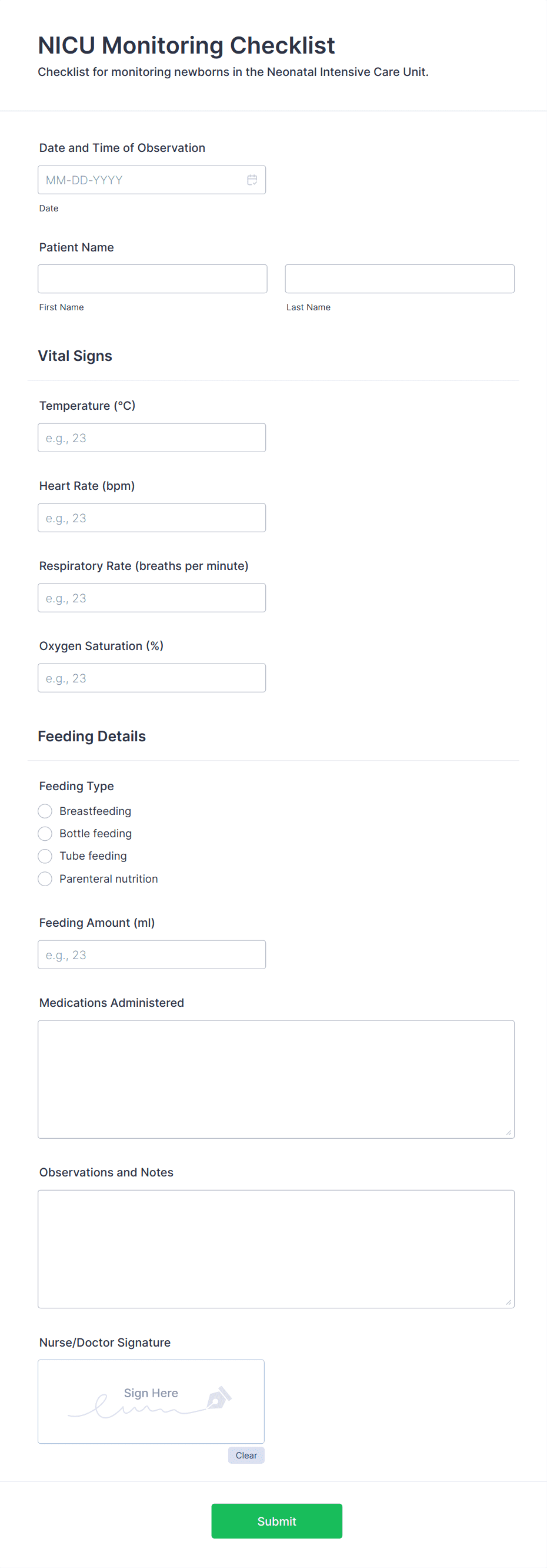NICU Monitoring Checklist Form Template | Jotform