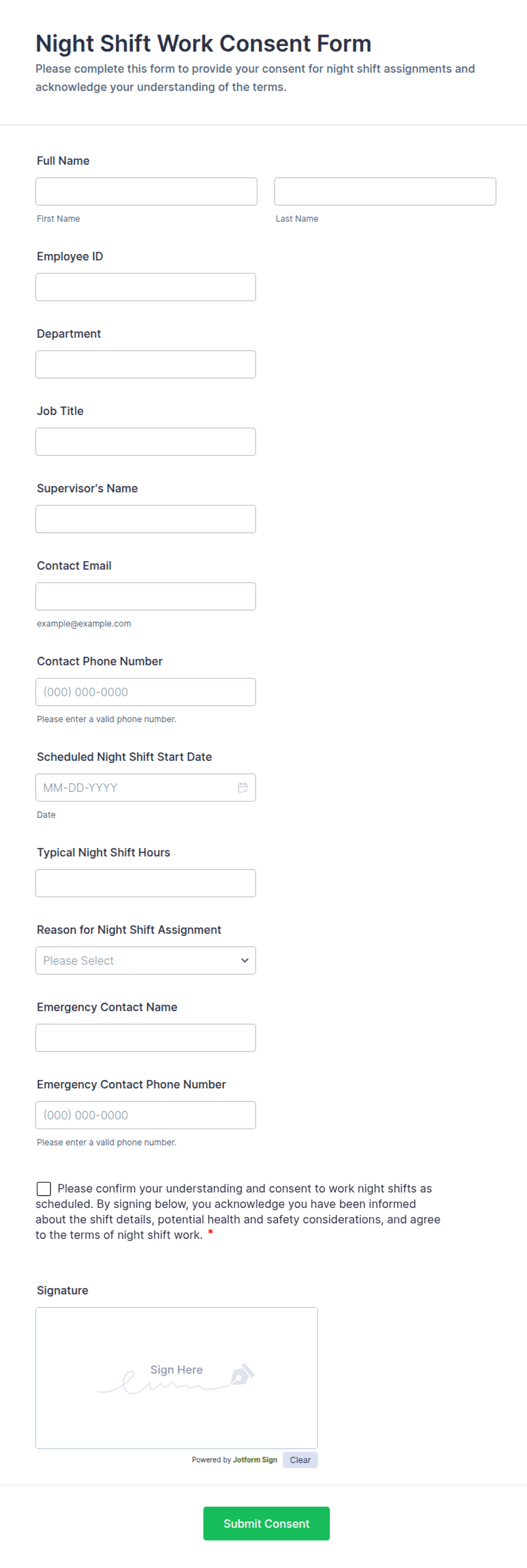 Night Shift Work Consent Form Template | Jotform
