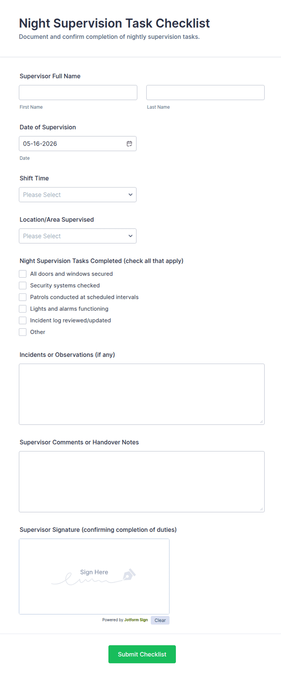 Night Supervision Task Checklist Form Template | Jotform