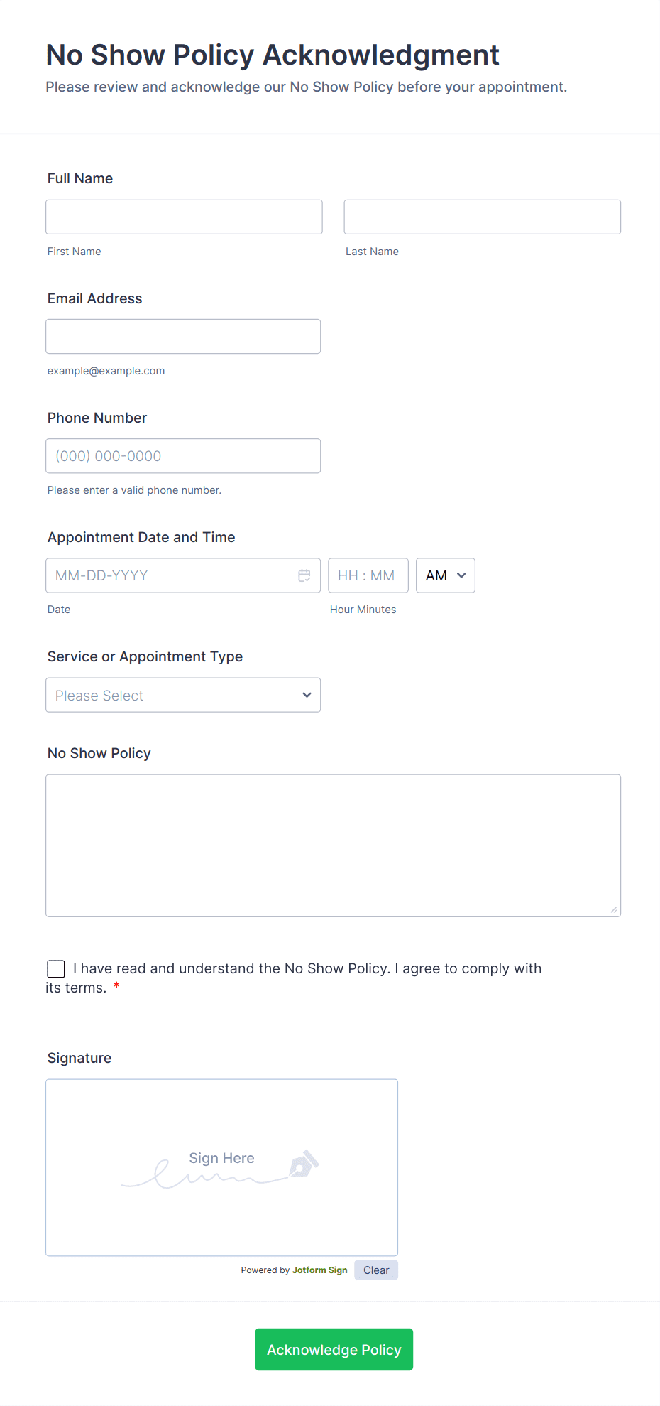 No Show Policy Acknowledgment Form Template | Jotform