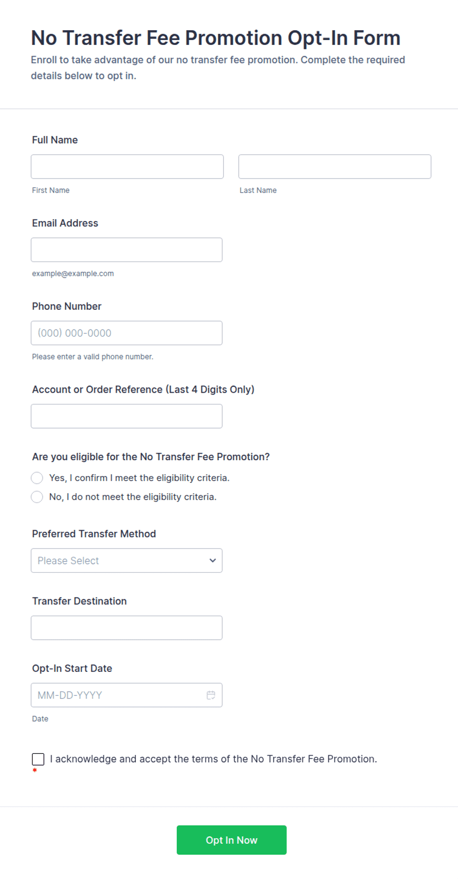 No Transfer Fee Promotion Opt-In Form Template | Jotform