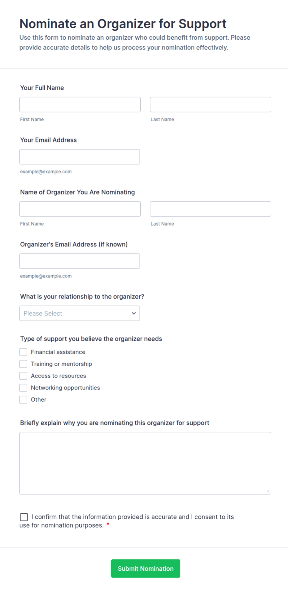 Nominate an Organizer for Support Form Template | Jotform