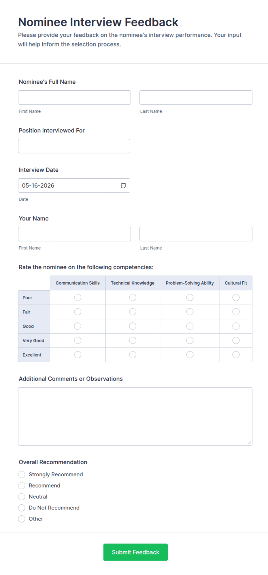 Nominee Interview Feedback Form Template | Jotform