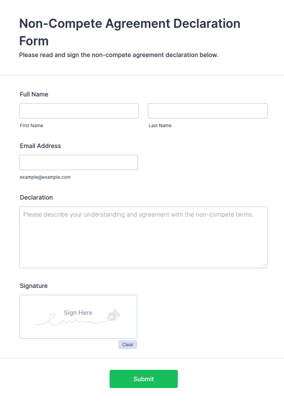 Non-Compete Agreement Declaration Form Template | Jotform