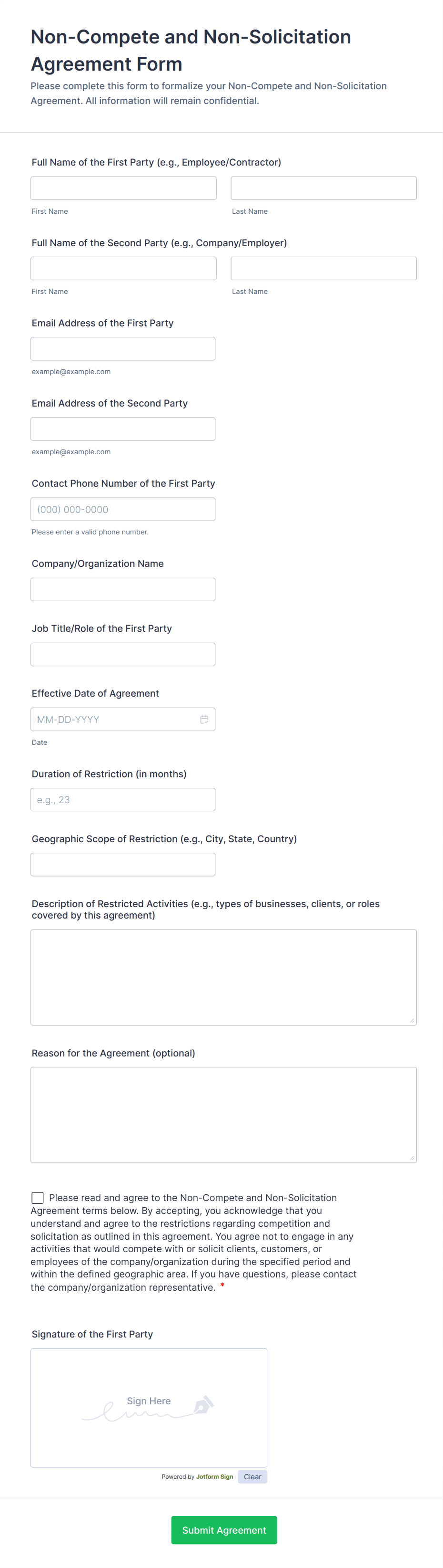 Non-Compete and Non-Solicitation Agreement Form Template | Jotform