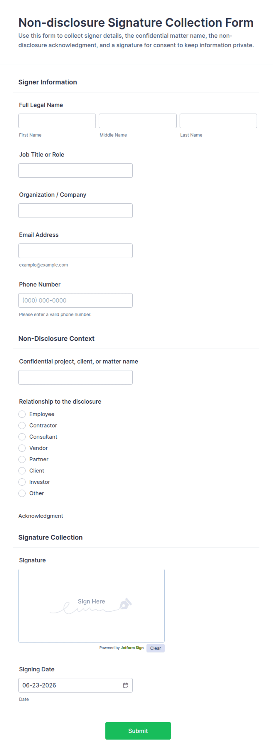 Non-Disclosure Signature Collection Form Template | Jotform