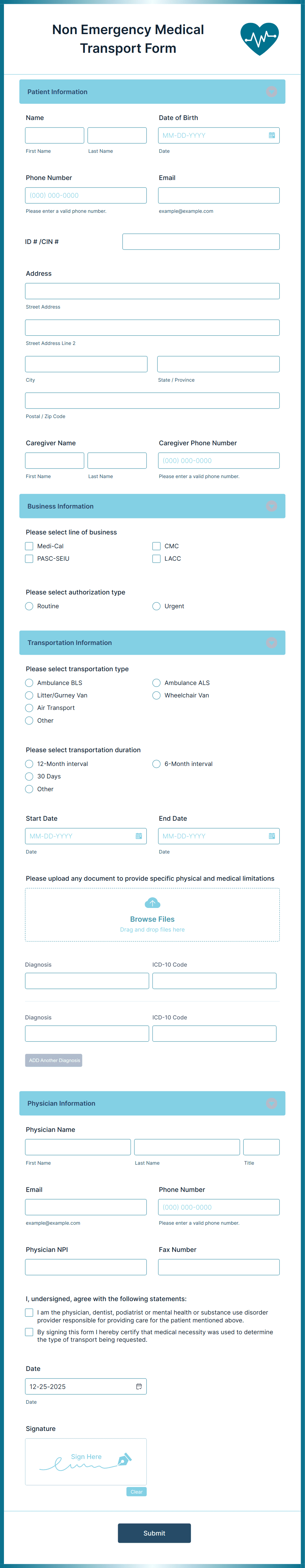Non Emergency Medical Transport Form Template | Jotform