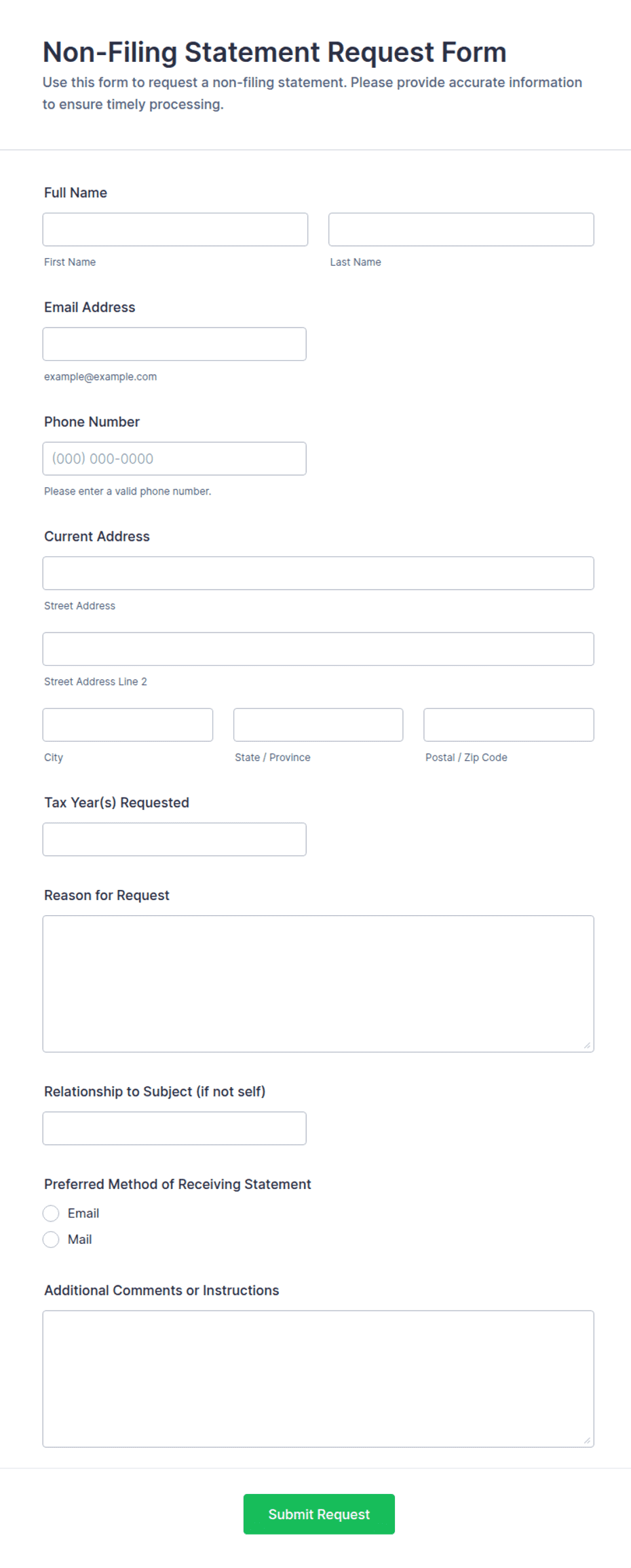 Non-Filing Statement Request Form Template | Jotform