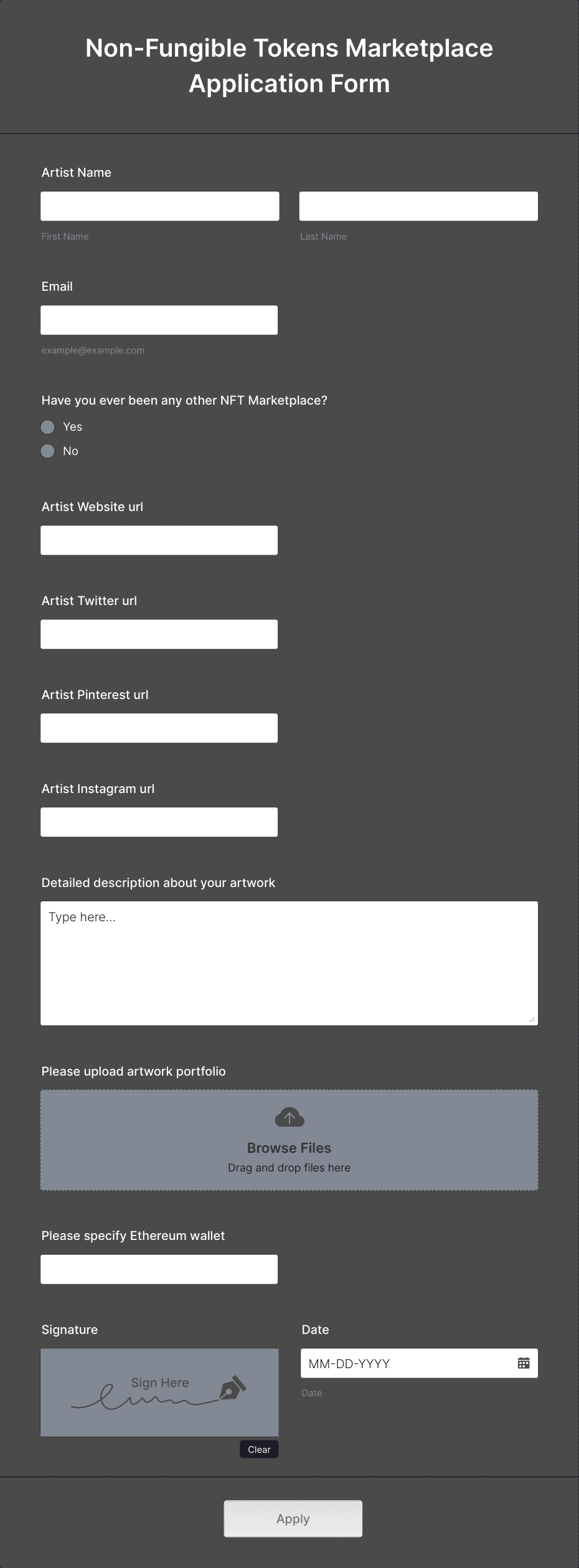Non-Fungible Tokens Marketplace Application Form Template | Jotform