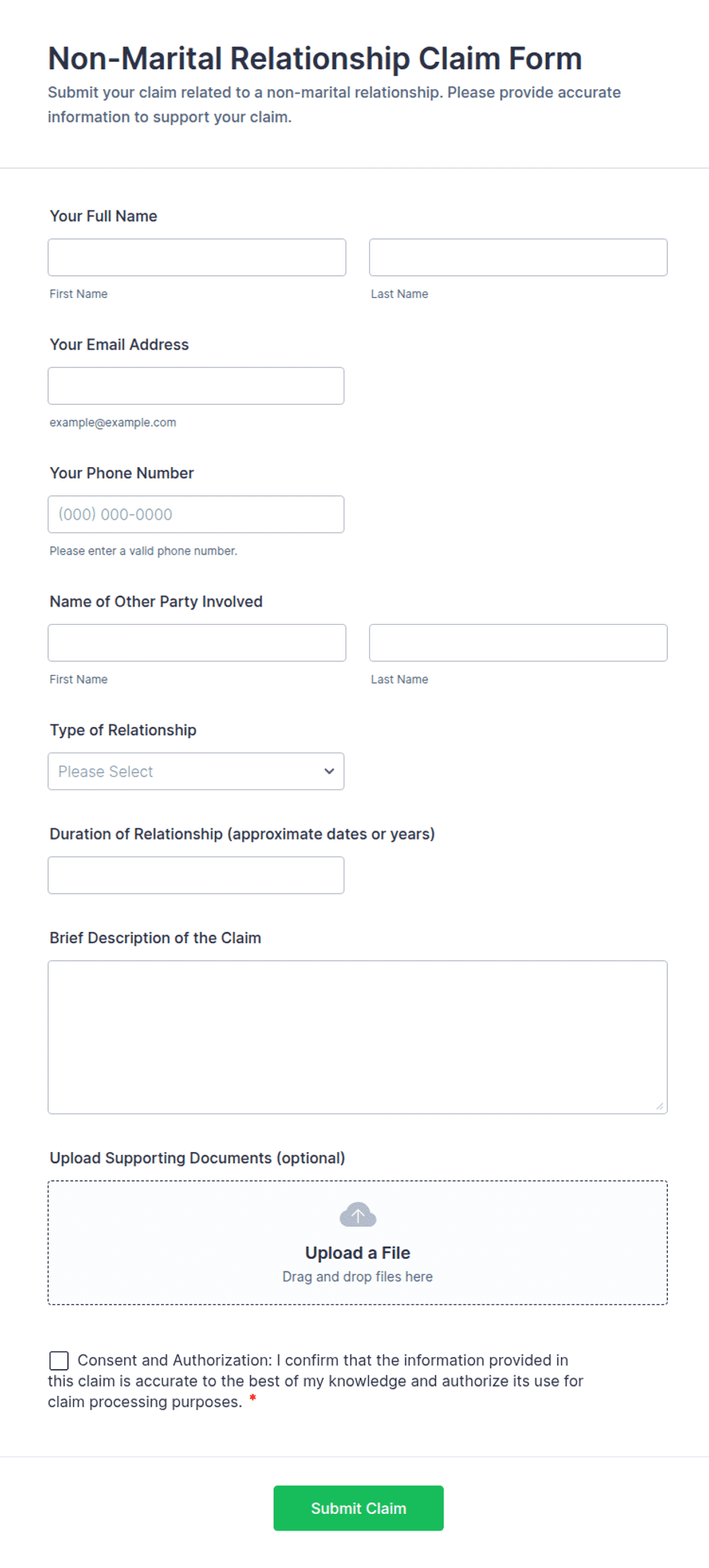 Non-Marital Relationship Claim Form Template | Jotform