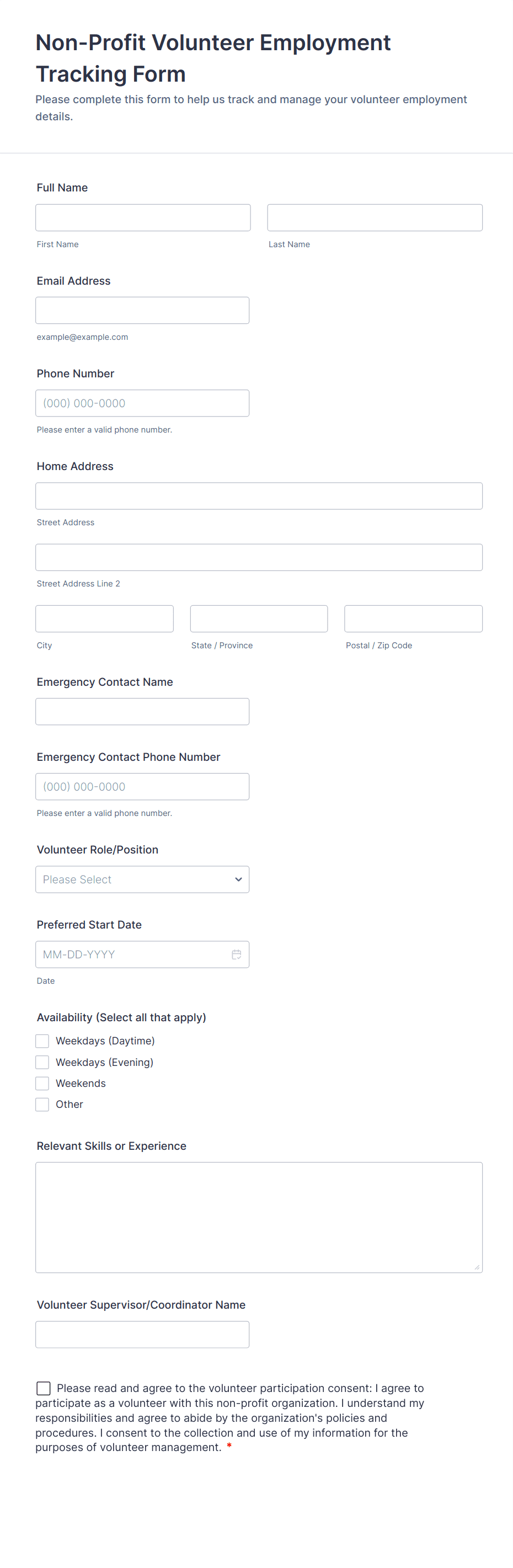 Non-Profit Volunteer Employment Tracking Form Template | Jotform