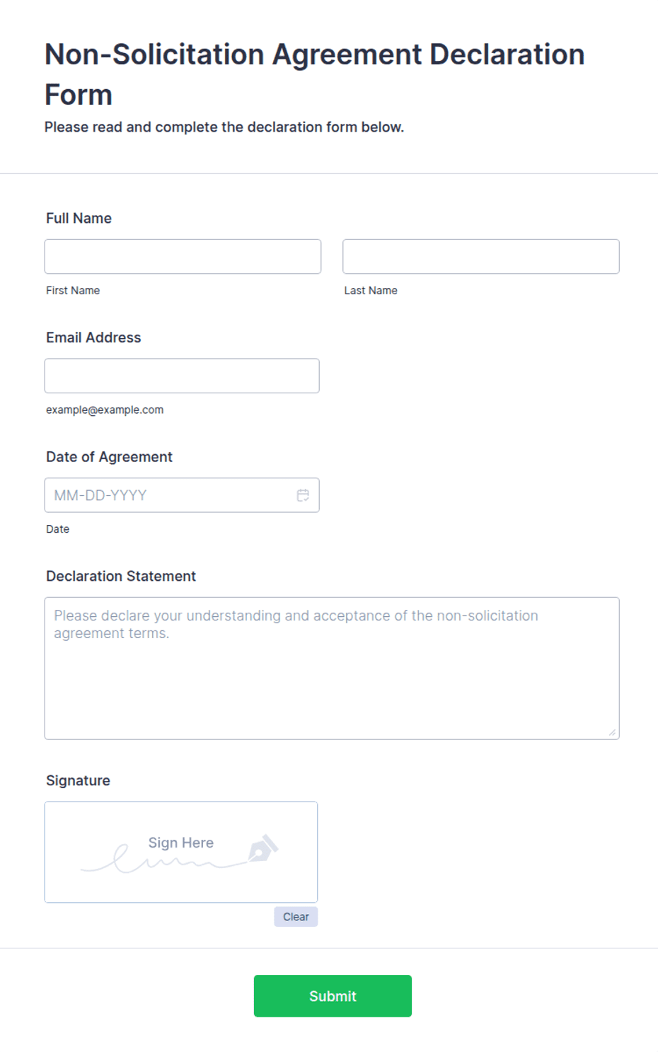 Non-Solicitation Agreement Declaration Form Template | Jotform
