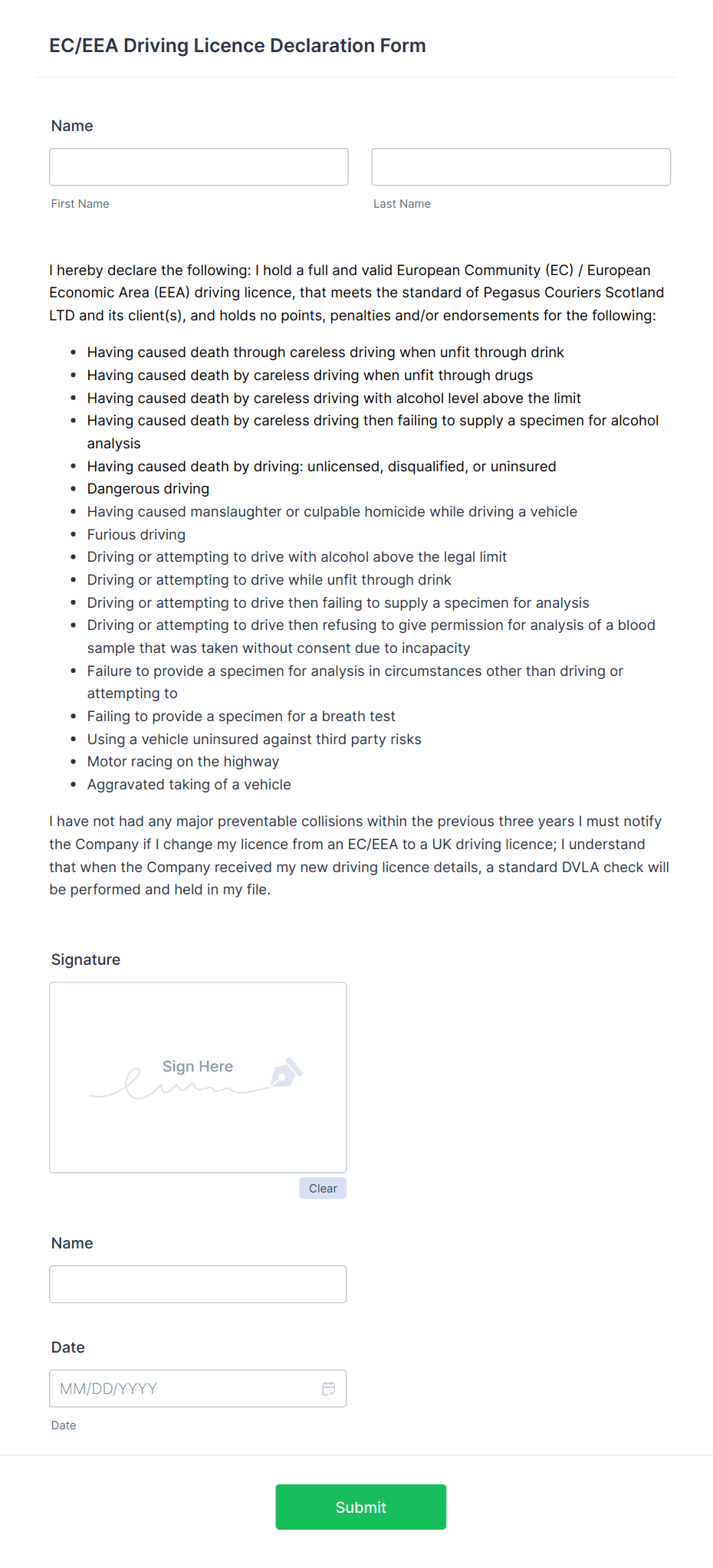 Non UK Driving Licence Declaration Form Template | Jotform