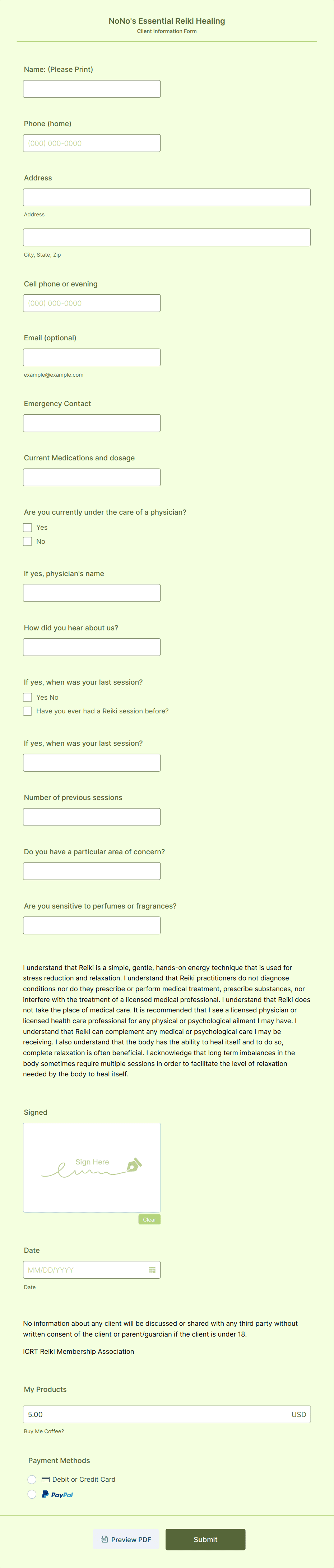 NoNo's Essential Reiki Healing Client Information Form Template | Jotform