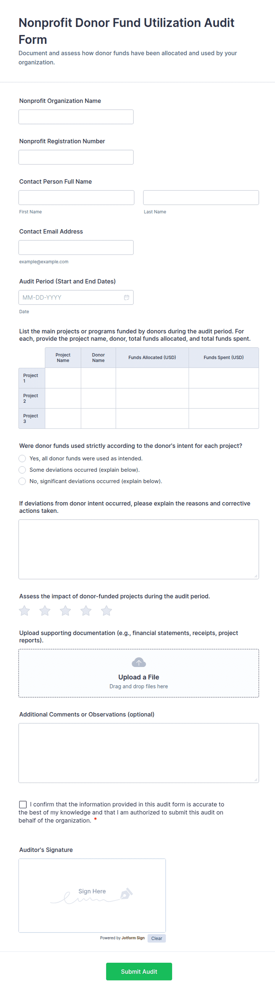 Nonprofit Donor Fund Utilization Audit Form Template | Jotform