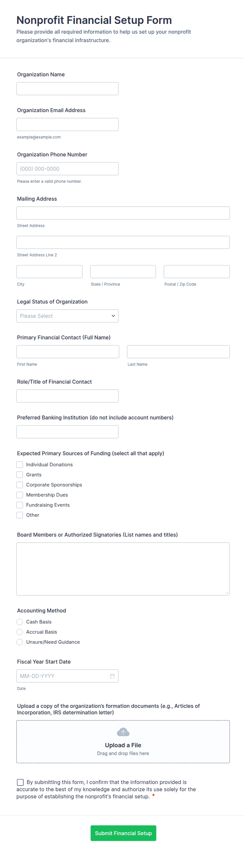 Nonprofit Financial Setup Form Template | Jotform