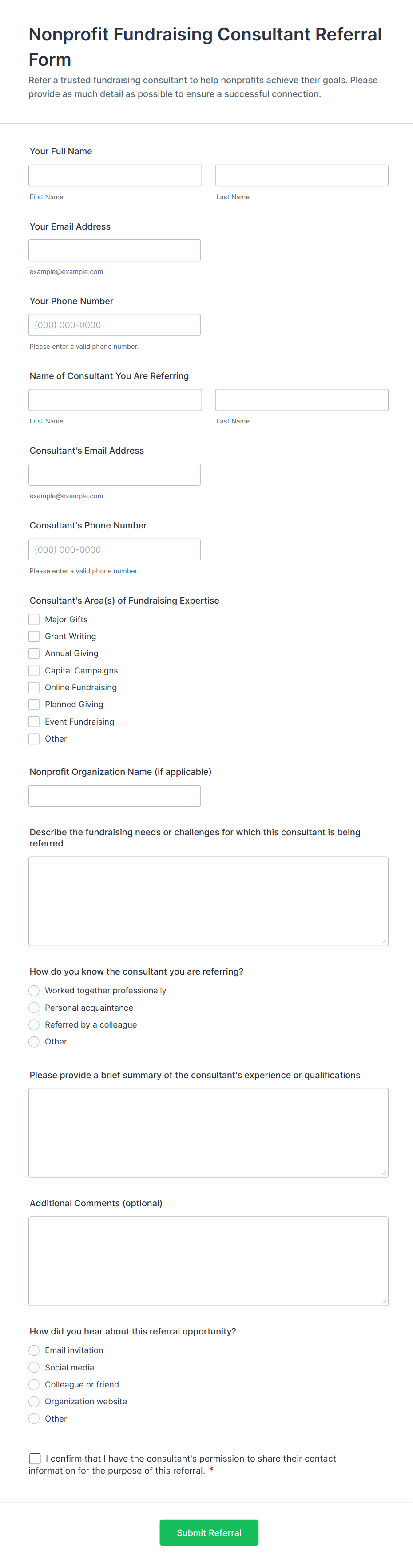 Nonprofit Fundraising Consultant Referral Form Template | Jotform