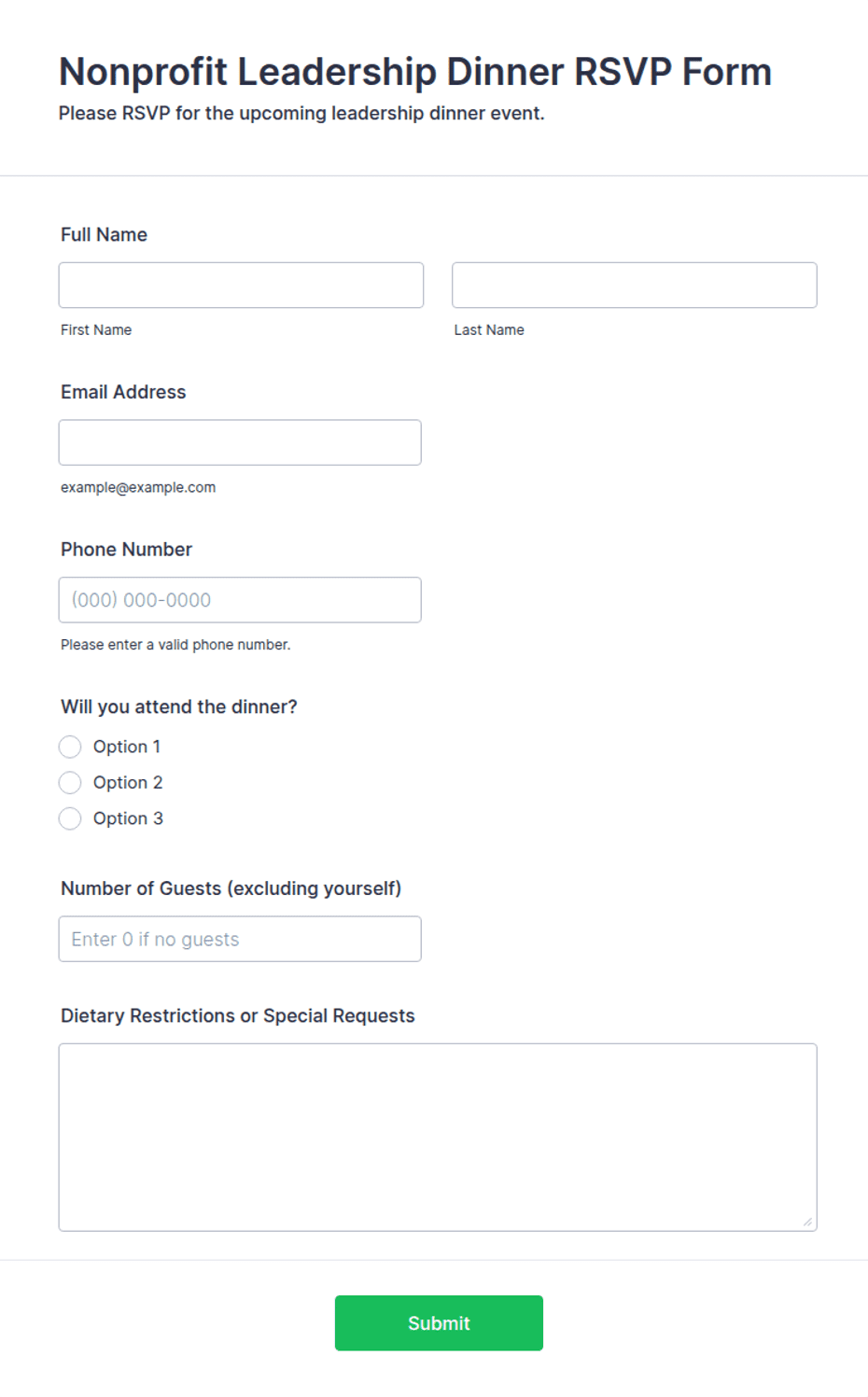 Nonprofit Leadership Dinner RSVP Form Template | Jotform