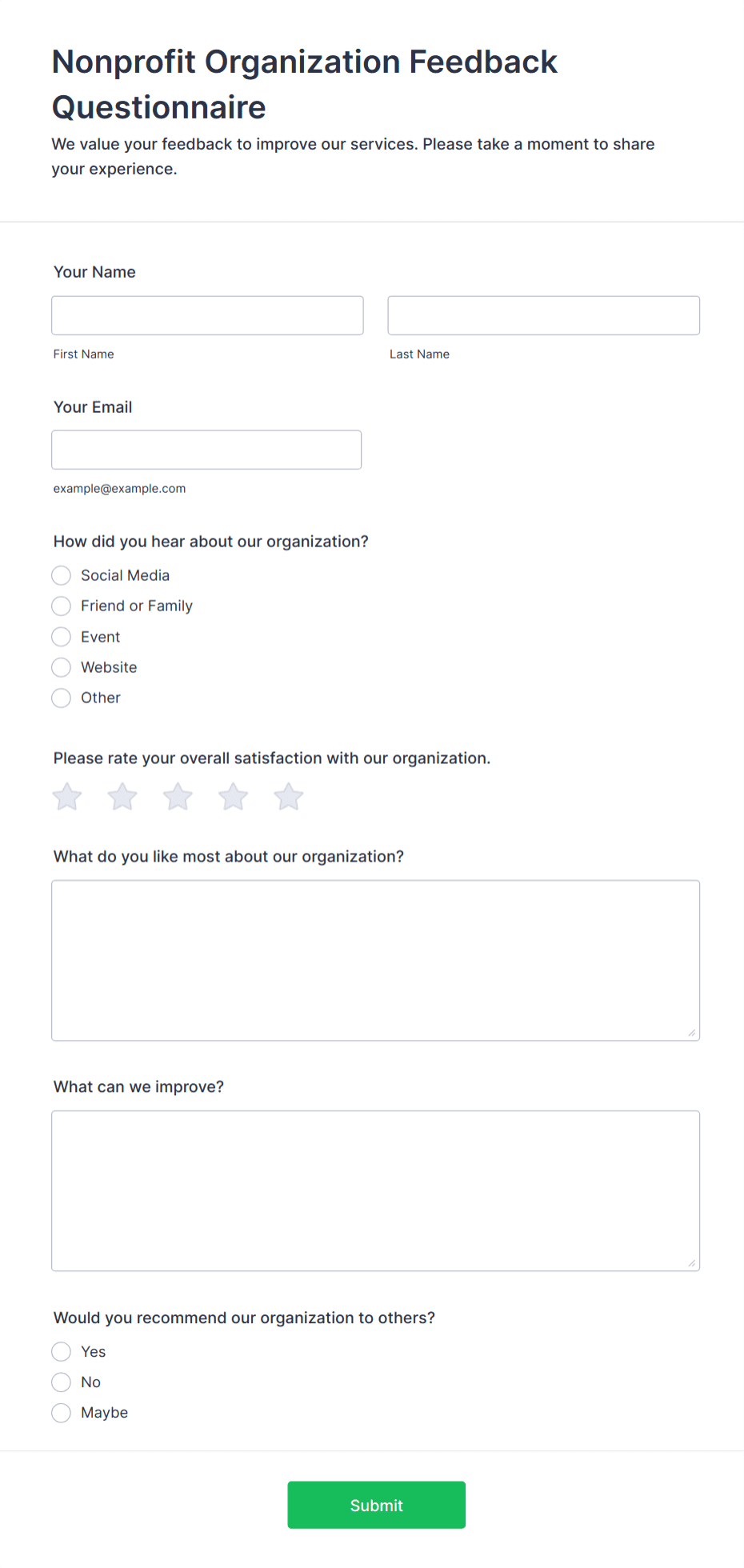 Nonprofit Organization Feedback Questionnaire Form Template | Jotform