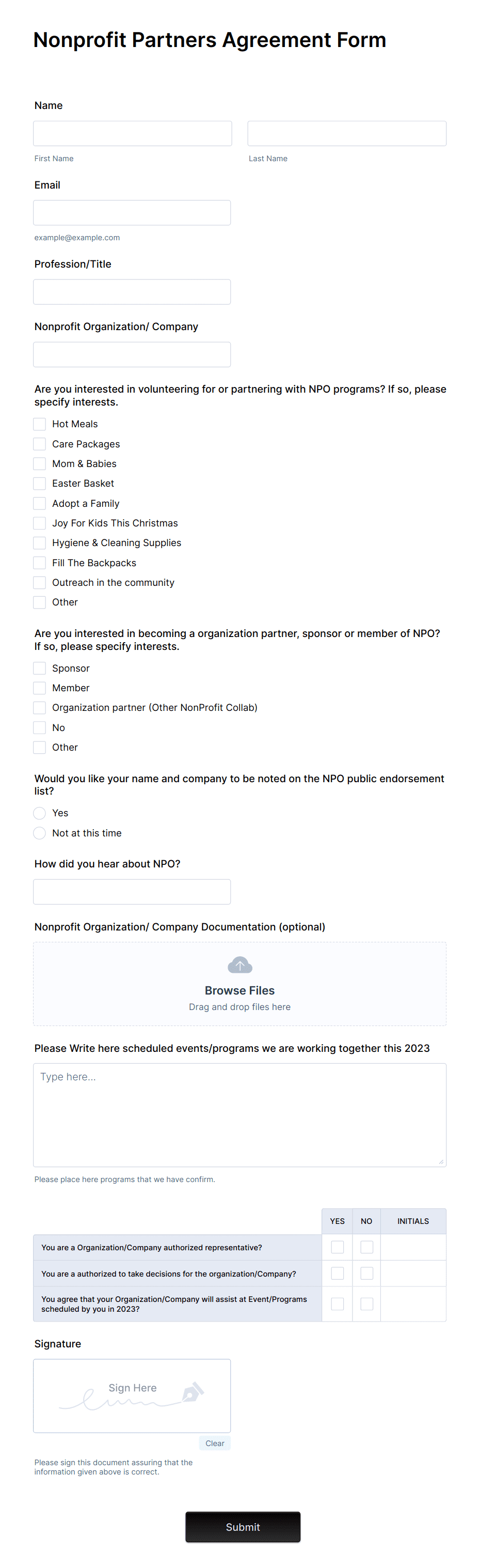 Nonprofit Partners Agreement Form Template | Jotform