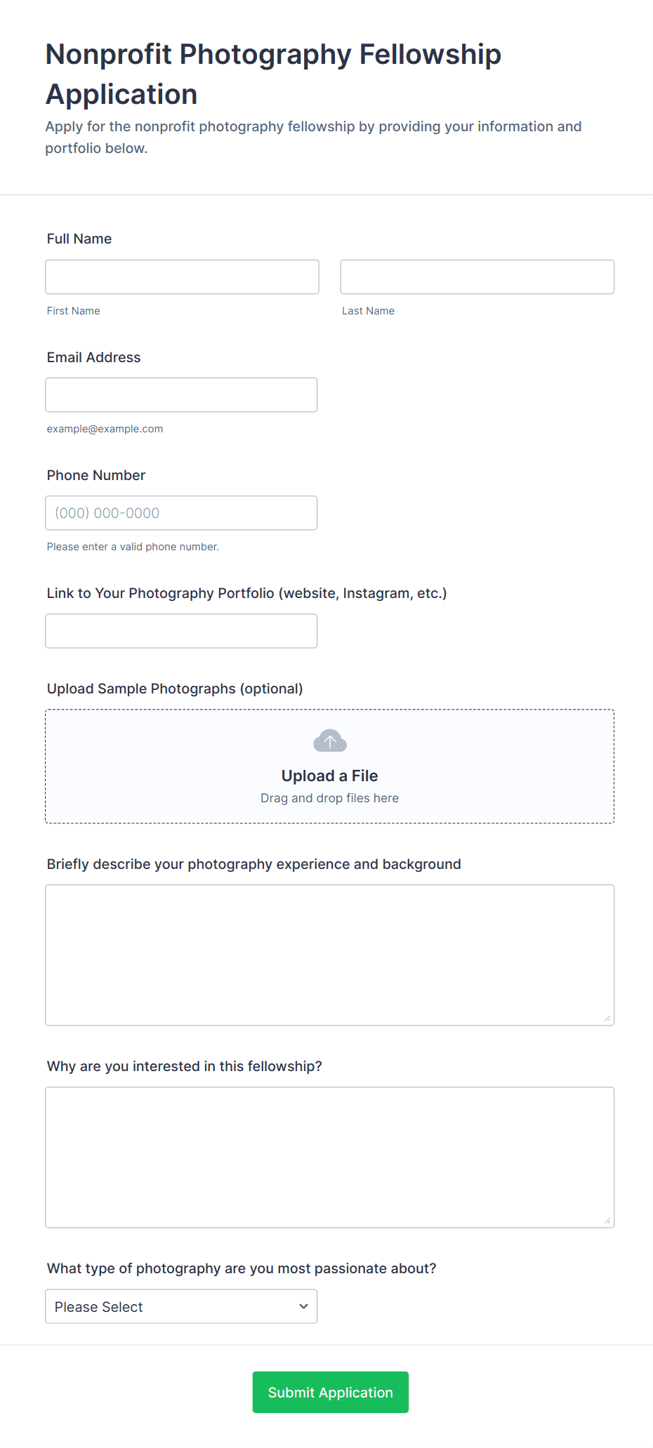 Nonprofit Photography Fellowship Application Form Template | Jotform