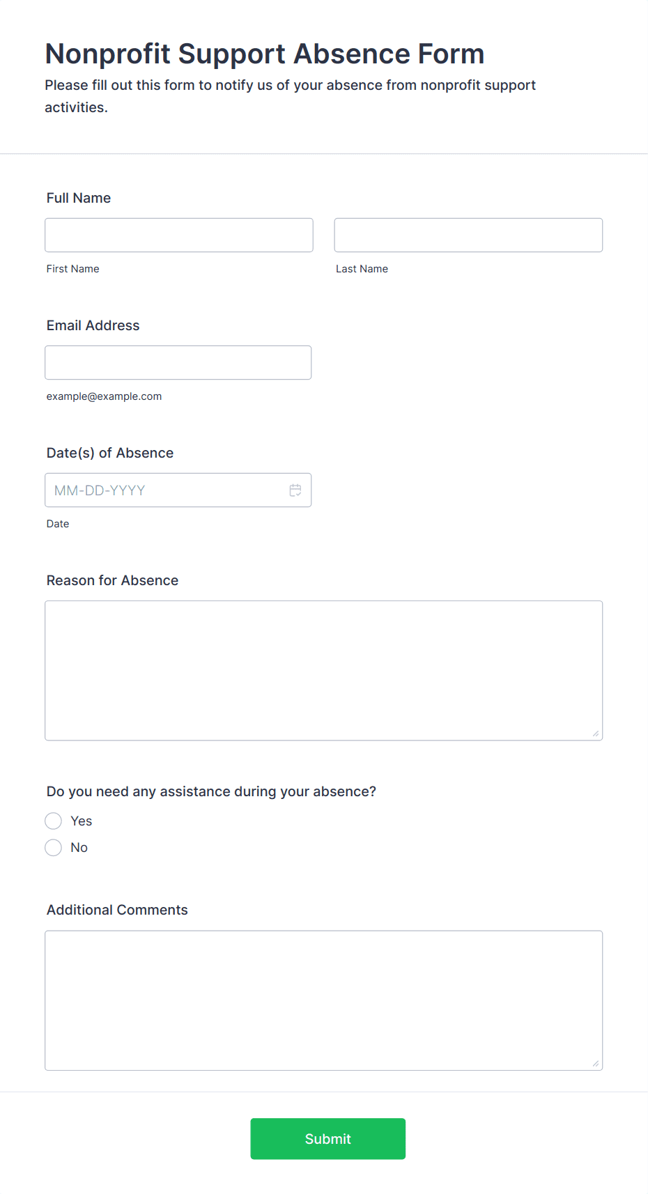 Nonprofit Support Absence Form Template | Jotform