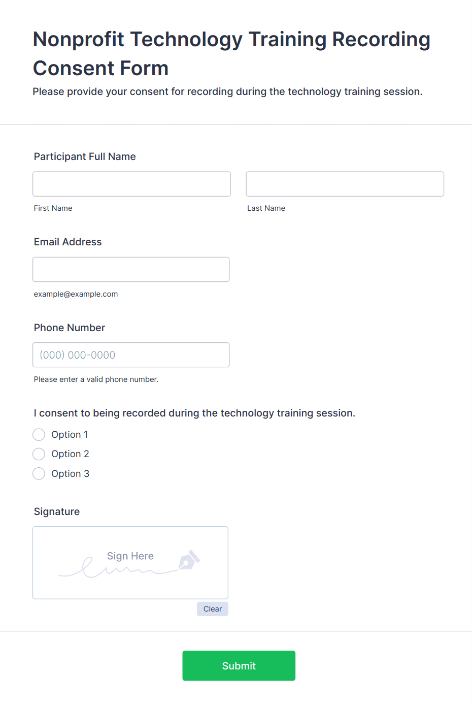 Nonprofit Technology Training Recording Consent Form Template | Jotform